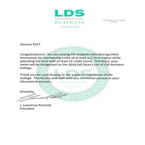 F16 Fall Deans List Letter | PDF