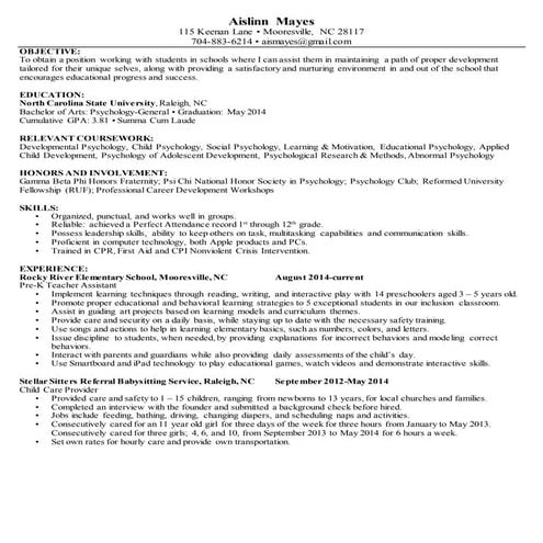 Robinson, Brittnei Childcare Resume