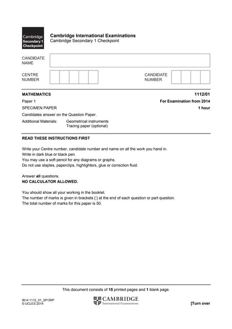 Cambridge checkpoint maths p1 specimen mark scheme 2012 | PDF ...