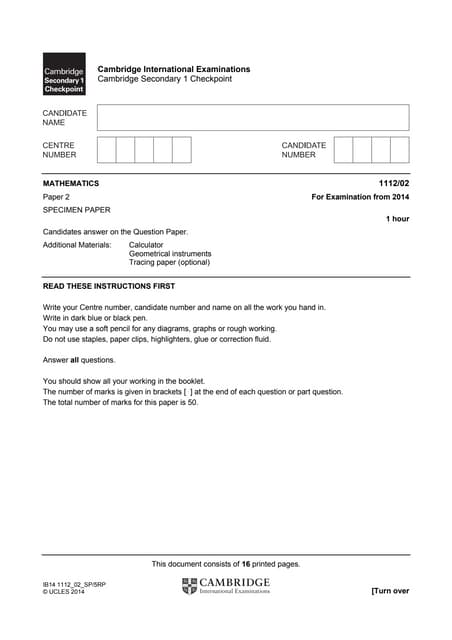 Cambridge checkpoint maths p1 specimen 2012 | PDF
