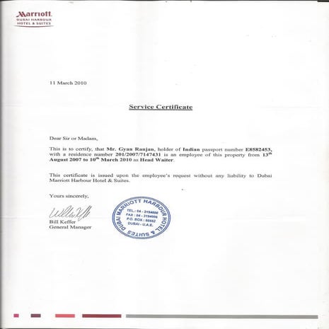 Marriott Experience Certificate | PDF