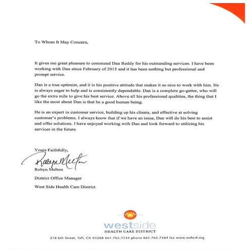 Reference Letter West Side Health Care District Oct 2015 | PDF