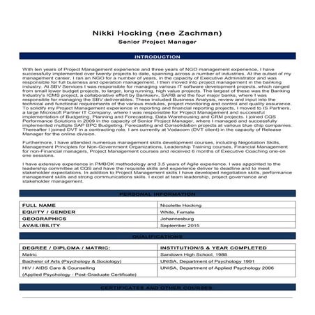 Nikki Hocking (Zachman) - Resume July 2015 | DOC