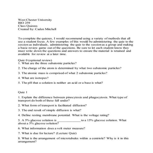 Anatomy and Physiology (BIO 259) Quizzes | DOCX