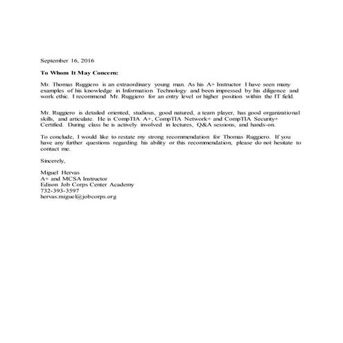 Recommendation Letter Thomas Ruggiero | DOCX