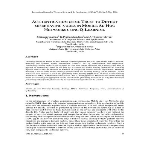 Authentication Using Trust To Detect Misbehaving Nodes In Mobile Ad Hoc Networks Using Q 