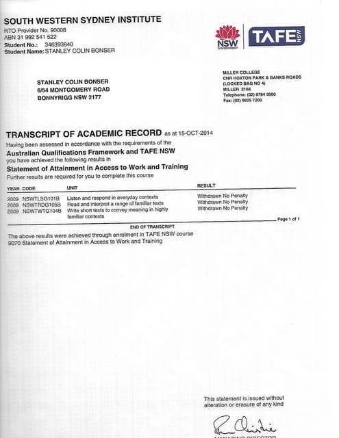 Statement of Attainment in Outrech Access | PDF