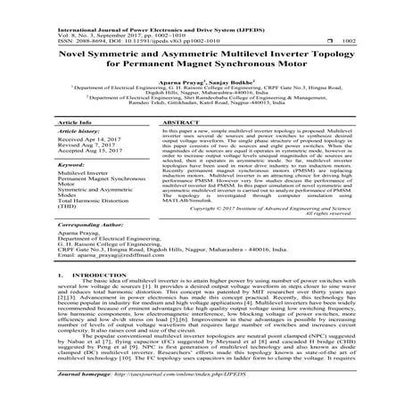 Novel Symmetric And Asymmetric Multilevel Inverter Topology For Permanent Magnet Synchronous 