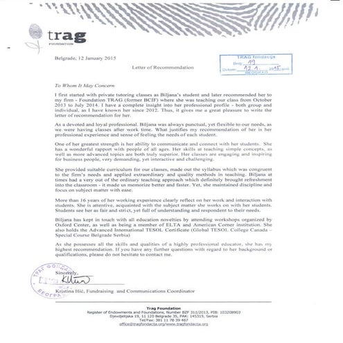 Pismo preporuke Biljana Ilic | PDF