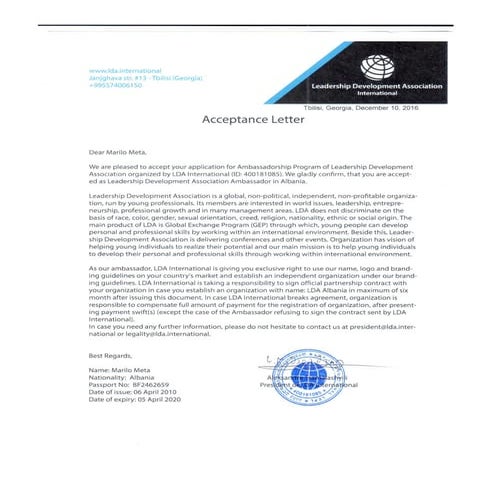 Acceptance Letter-Marilo Meta | PDF