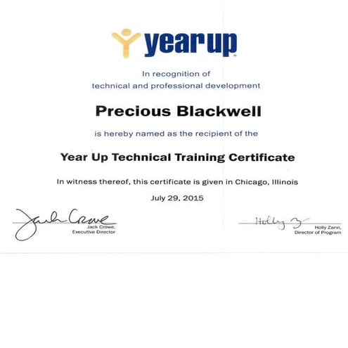 Precious Blackwell Year Up Chicago Certificate of Completion | PDF