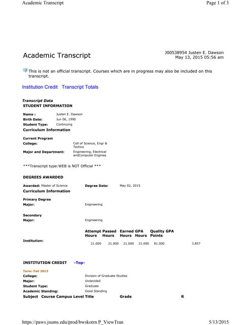 unofficial transcript | PDF