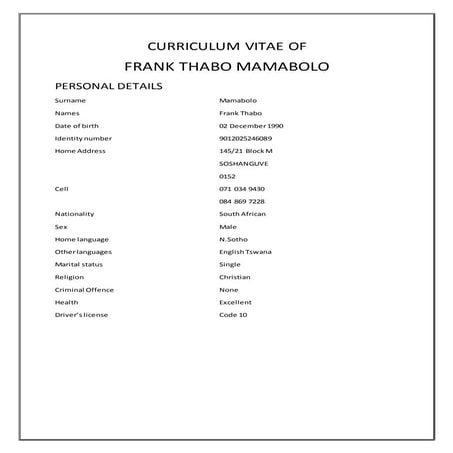 CURRICULUM VITAE OF THABO MAMABOLO 2015 | DOCX
