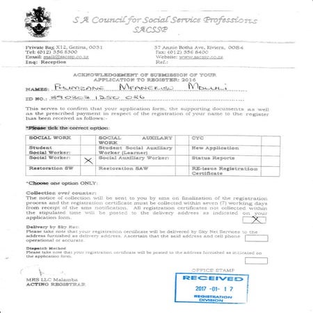 confirmation of reciept of apllication SACSSp | PDF