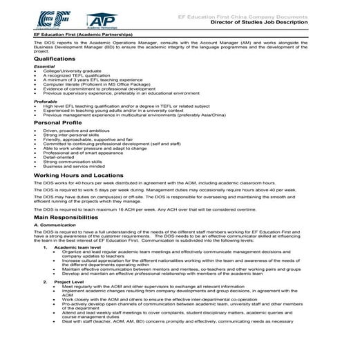 EF AP DOS Job Description 2015 | PDF