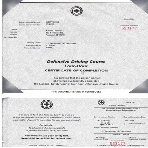 Certification of Defensive Driving | PDF