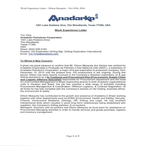 Work Experience Letter Anadarko - Tim Tirlia | PDF