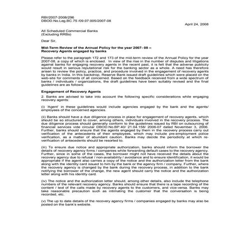 RBI GUIDELINES: RECOVERY AGENTS ENGAGED BY BANKS! | PDF