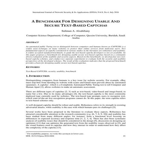 A BENCHMARK FOR DESIGNING USABLE AND SECURE TEXT-BASED CAPTCHAS | PDF