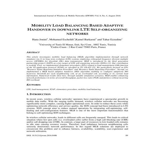 MOBILITY LOAD BALANCING BASED ADAPTIVE HANDOVER IN DOWNLINK LTE SELF-ORGANIZING NETWORKS | PDF