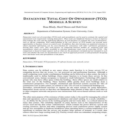 DATACENTRE TOTAL COST OF OWNERSHIP (TCO) MODELS: A SURVEY | PDF