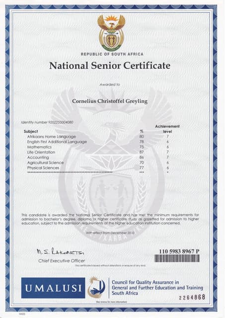 Benjamin Swile Matric National Senior Certificate | PDF