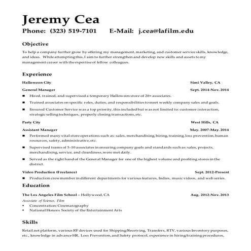 Jeremy Cea Retail Resume | DOCX