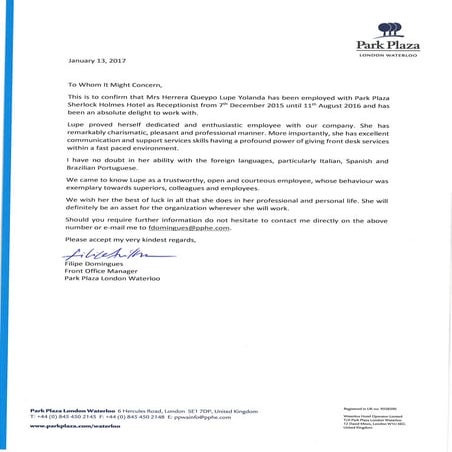 PARK PLAZA RECOMMENDATION LETTER | PDF