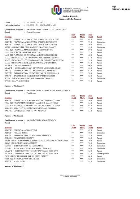 Academic Record NWU | PDF