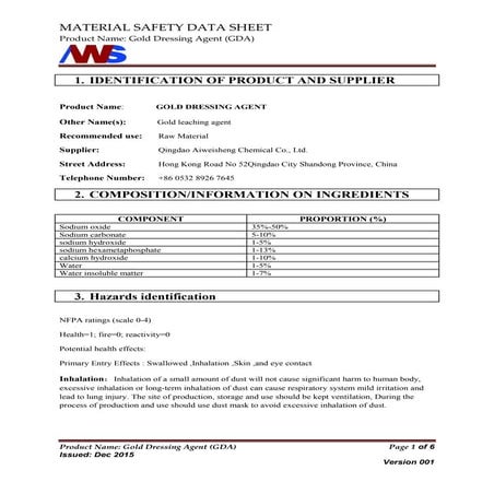 MATERIAL SAFETY DATA SHEET MSDS GDA | PDF