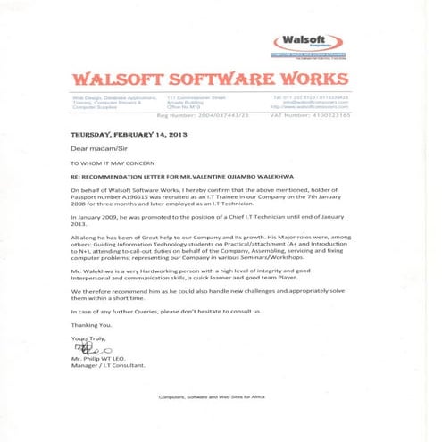 Walsoft's Recommendation letter | PDF