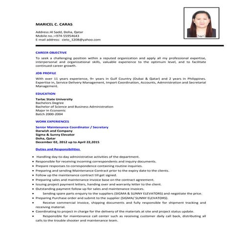 CV Maricel Caras-Coordinator-Secretary | DOC | Business | Business and ...
