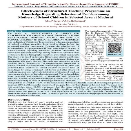 Effectiveness of Structured Teaching Programme on Knowledge Regarding Behavioural Problem among ...