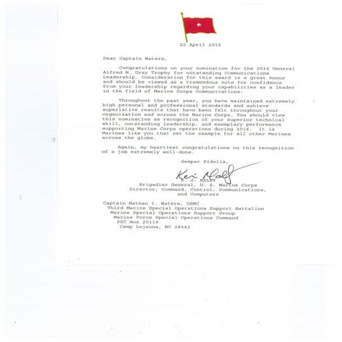 Letter of Congratulations from BGen USMC Director C4 | PDF