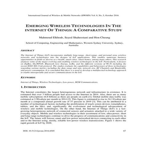 EMERGING WIRELESS TECHNOLOGIES IN THE INTERNET OF THINGS: A COMPARATIVE STUDY | PDF