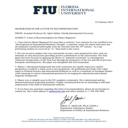 Mauro Bagnariol Recommendation 2014- FIU-1 | PDF