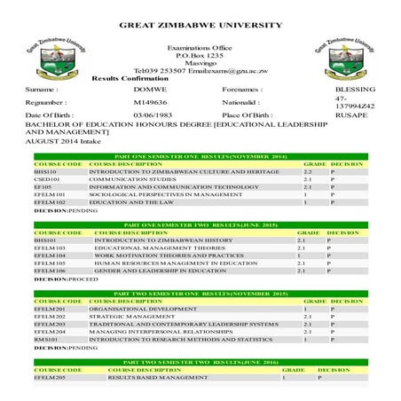 Domwe Blessing GZU Transcript | PDF