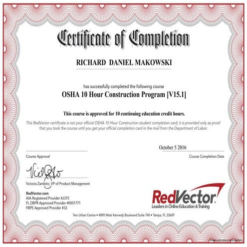 OSHA CERTIFICATE OF COMPLETION | PDF