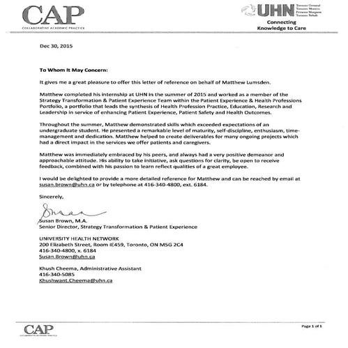 Reference Letter UHN | PDF