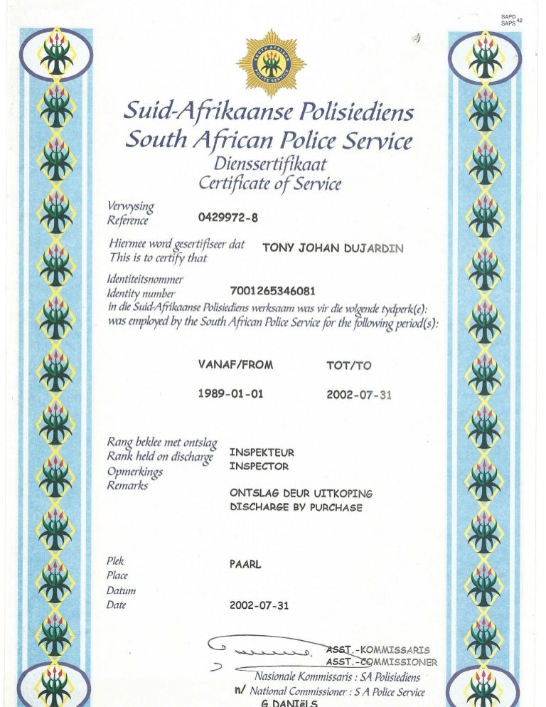 TONY DUJARDIN SAPS CERTIFICATE OF SERVICE AND HONOURABLE DISCHARGE