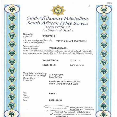TONY DUJARDIN SAPS CERTIFICATE OF SERVICE AND HONOURABLE DISCHARGE | PDF