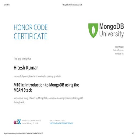 MongoDBx M101x Certificate | edX | PPT