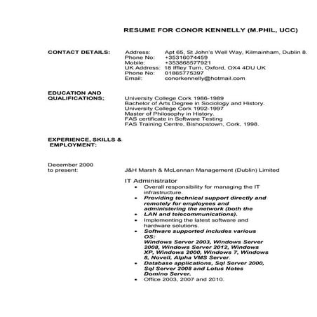 CV of Conor Kennelly | DOC