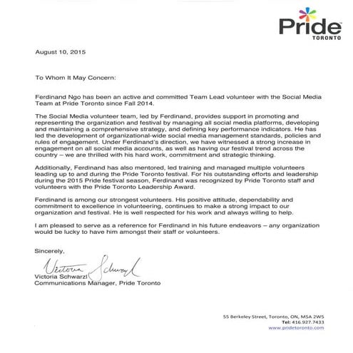 2015 Pride Toronto - Reference Letter, Ferdinand Ngo | PDF
