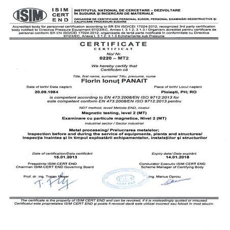 Florin PANAIT - MT Level 2 - EN 473 | PDF