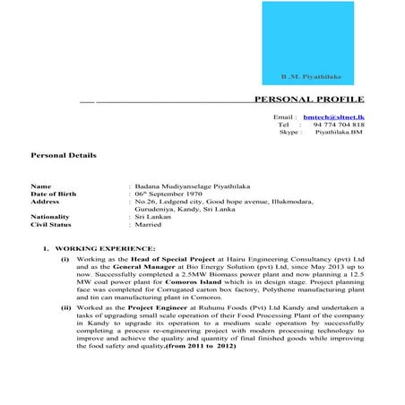 Personal Profile - Eng PIyathilake | DOC | Civil Engineering Industry ...