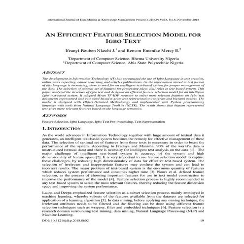 An Efficient Feature Selection Model For Igbo Text Pdf 1595