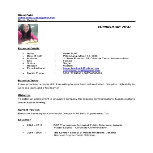 CURRICULUM VITAE Utami Putri | PDF
