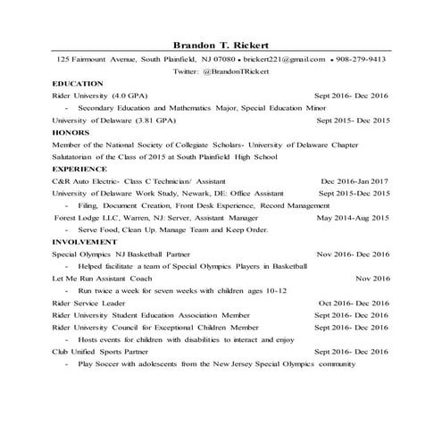 Resume- Brandon Rickert Jan 17 | DOCX | Professional School ...