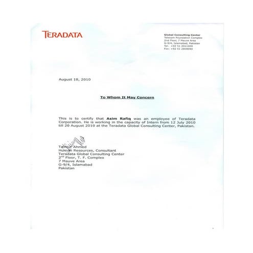 TERA DATA Experience letter | PDF